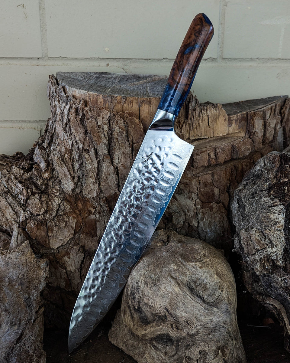 Large Chef's Mystery Burl w/ Dusty Blue Epoxy 250mm (10") - Your Last Knife